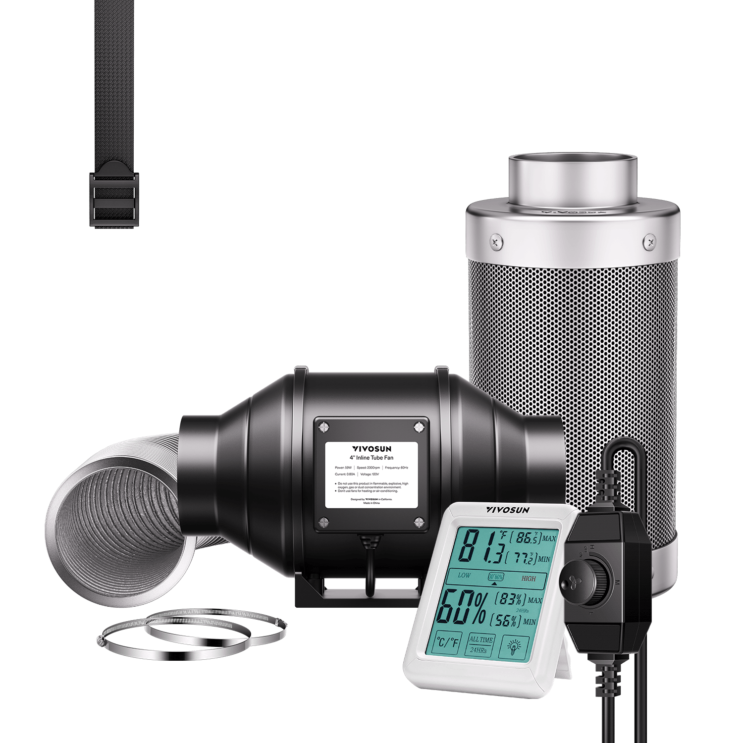 Air Filtration Kit R4 4 Inline Fan R4 with Variable Speed Controller Thermometer Carbon Filter Ducting Combo