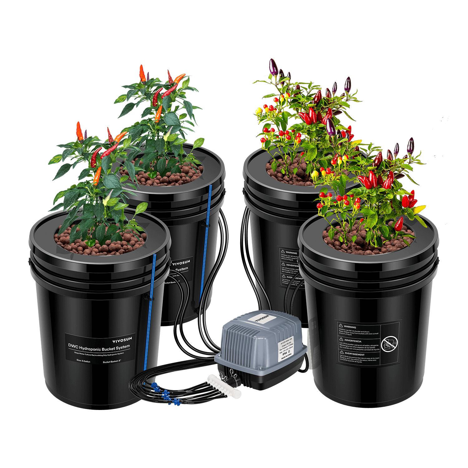 5 Gallon DWC Hydroponic System Kit (4 Bucket, Black)