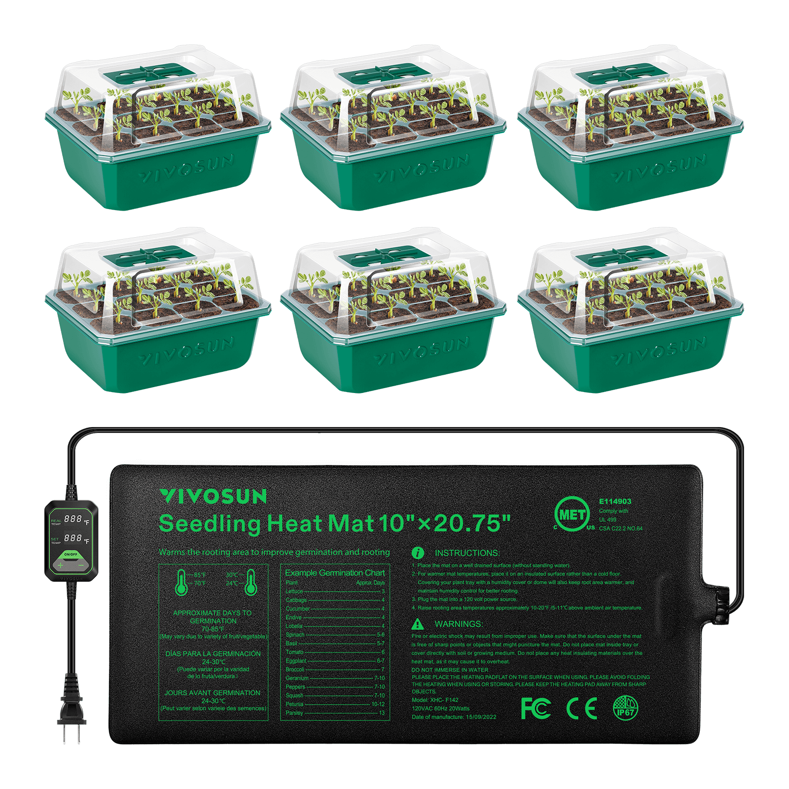 Seedling Combo w/ 10"x20.75" Heat Mat and 6-Pack Seed Starter Trays